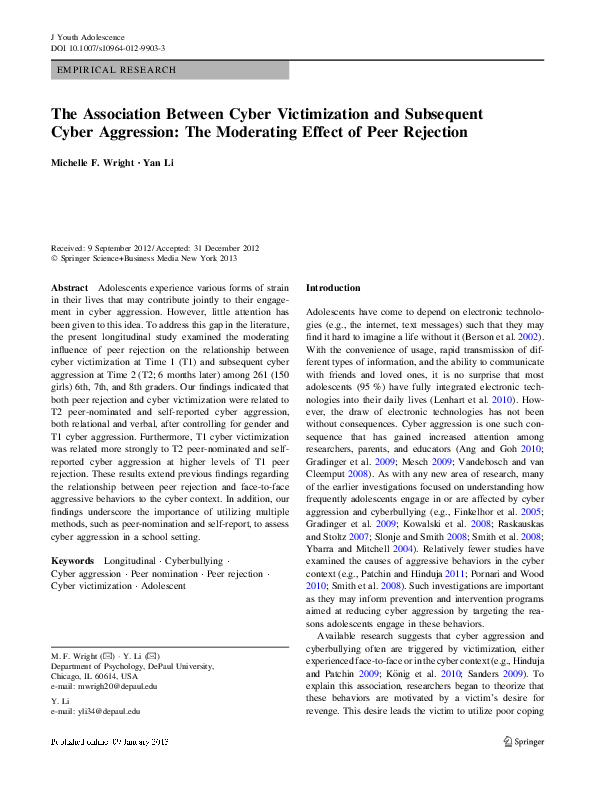 Pdf The Association Between Cyber Victimization And Subsequent Cyber