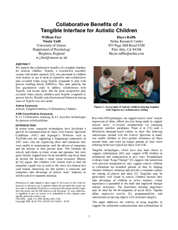 (PDF) Collaborative Benefits of a Tangible Interface for Autistic Children