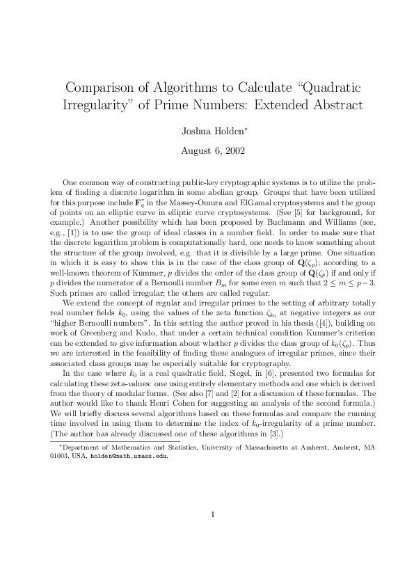 (PDF) Comparison of Algorithms to Calculate \Quadratic Irregularity" of Prime Numbers: Extended ...