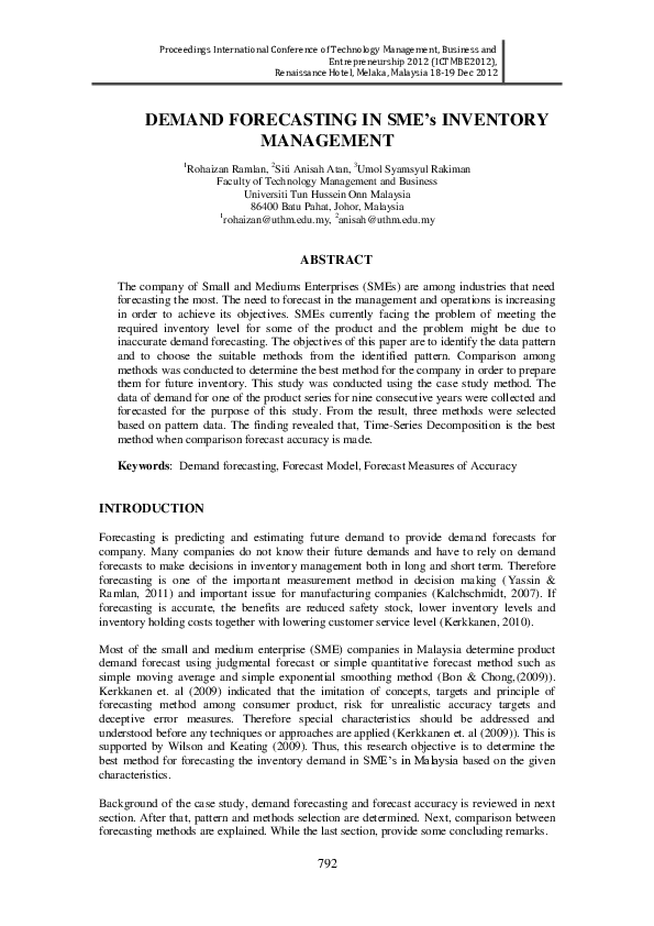 (PDF) DEMAND FORECASTING IN SME’s INVENTORY MANAGEMENT