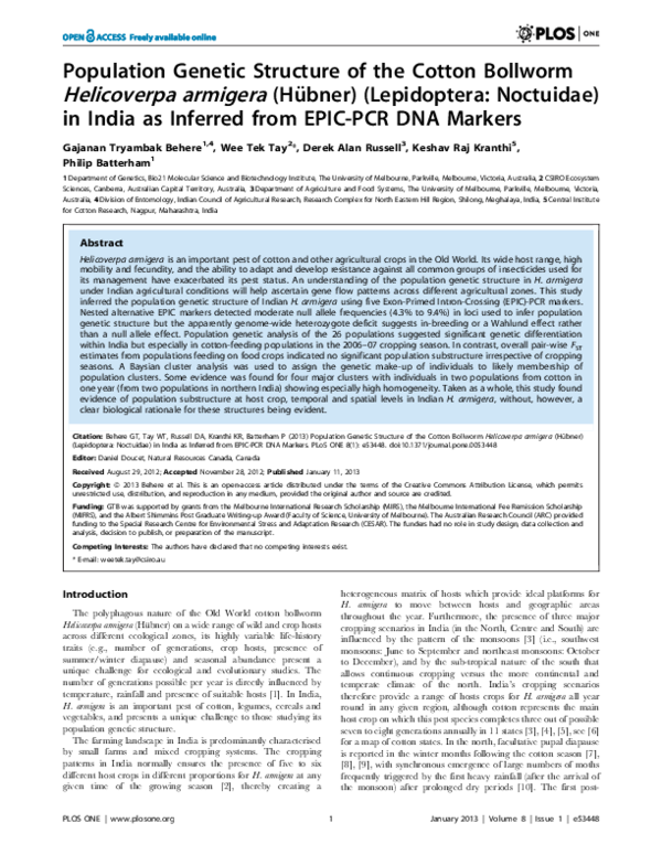 (PDF) Population Genetic Structure of the Cotton Bollworm Helicoverpa armigera (Hübner ...