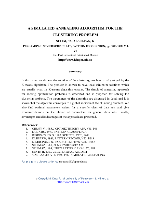 Pdf A Simulated Annealing Algorithm For The Clustering Problem