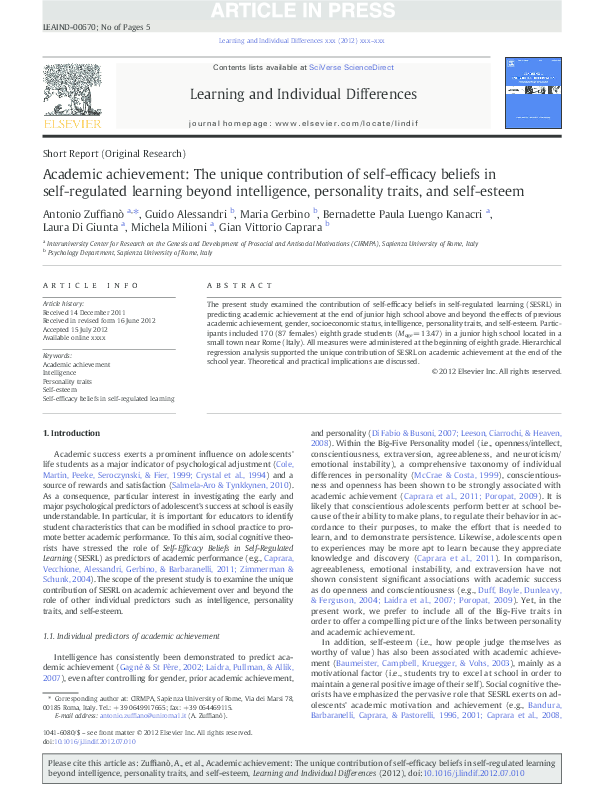 Pdf Academic Achievement The Unique Contribution Of Self Efficacy