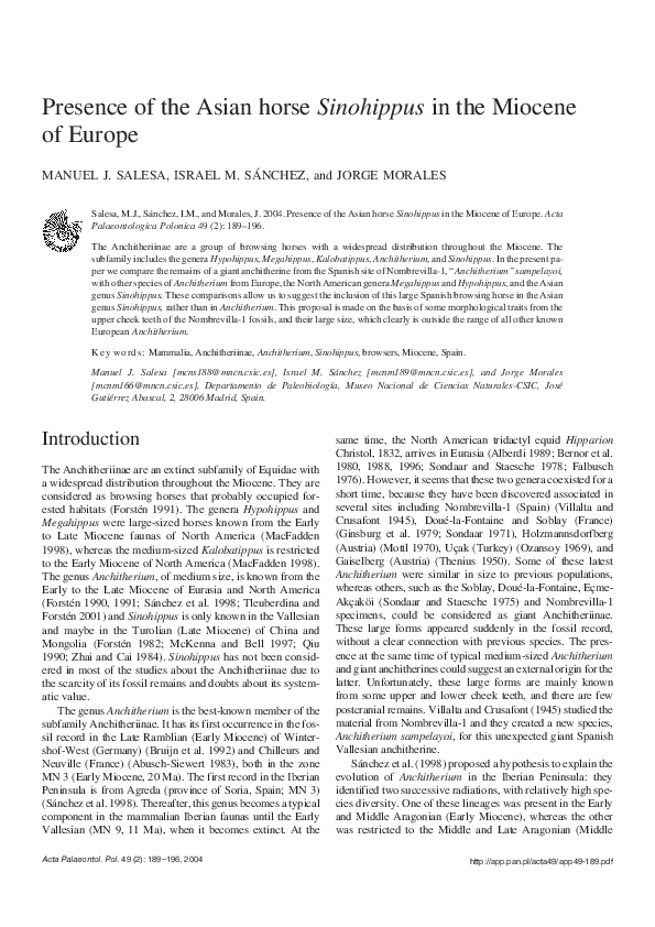 (PDF) Presence of the Asian horse Sinohippus in the Miocene