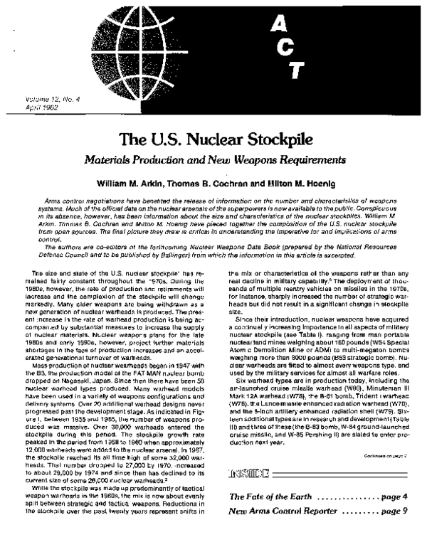 (PDF) The U.S. Nuclear Stockpile Materials Production and New Weapons ...