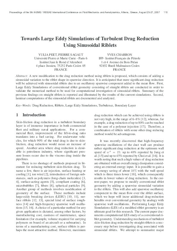 (PDF) Towards Large Eddy Simulations of Turbulent Drag Reduction Using Sinusoidal Riblets