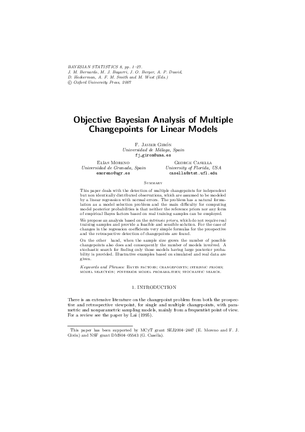 (PDF) Objective Bayesian Analysis of Multiple Changepoints for Linear Models
