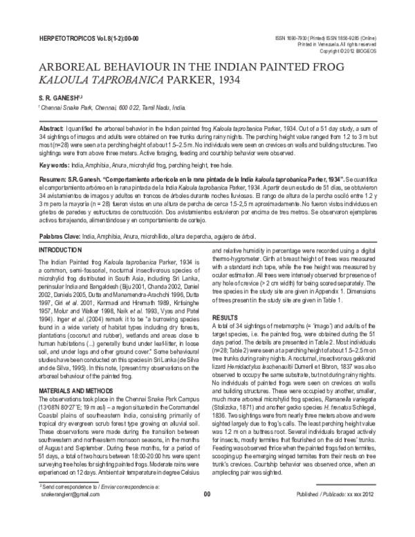 (PDF) ARBOREAL BEHAVIOUR IN THE INDIAN PAINTED FROG KALOULA TAPROBANICA ...