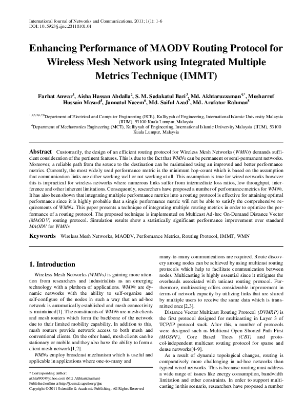 (PDF) Enhancing Performance of MAODV Routing Protocol for Wireless Mesh Network using Integrated ...