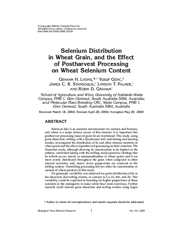 (PDF) Selenium distribution in wheat grain, and the effect of postharvest processing on wheat ...