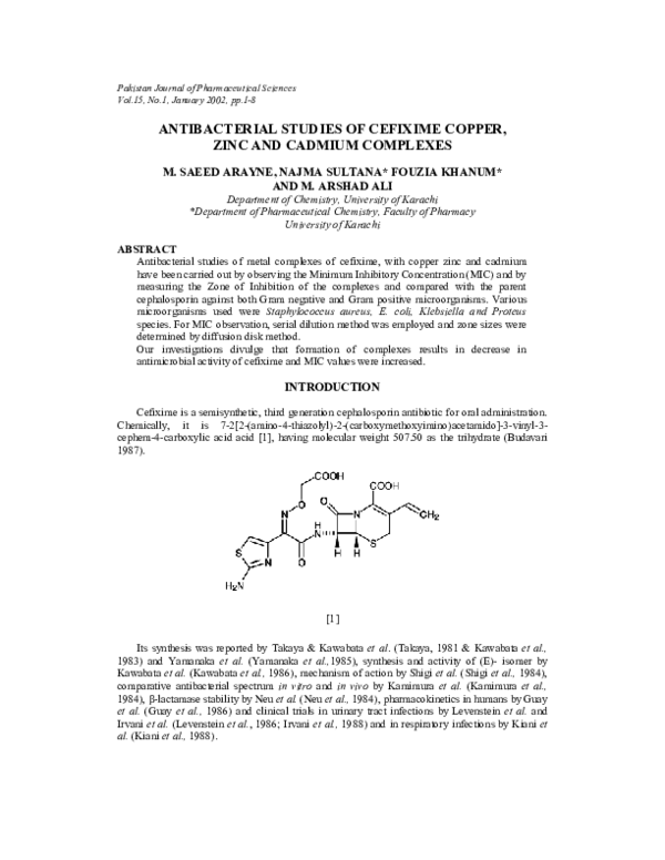 (PDF) ANTIBACTERIAL STUDIES OF CEFIXIME COPPER, ZINC AND CADMIUM COMPLEXES