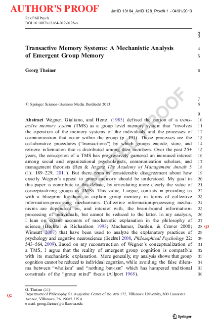 (PDF) Transactive Memory Systems: A Mechanistic Analysis of Emergent Group Memory