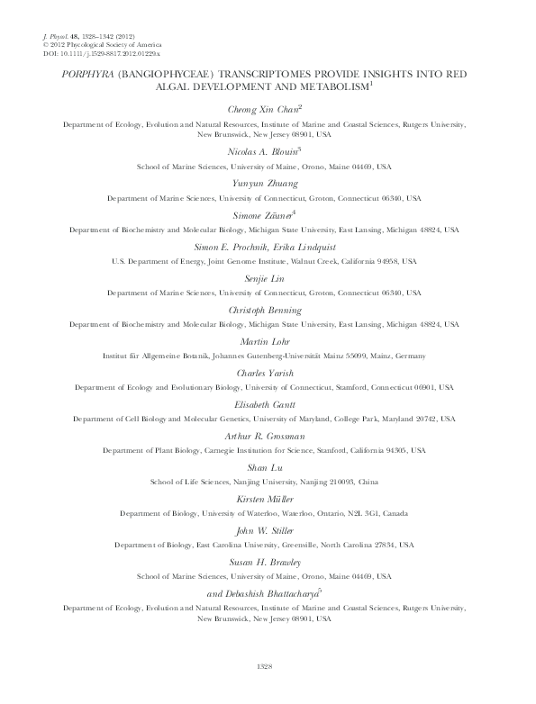 (PDF) Porphyra (bangiophyceae) transcriptomes provide insights into red ...