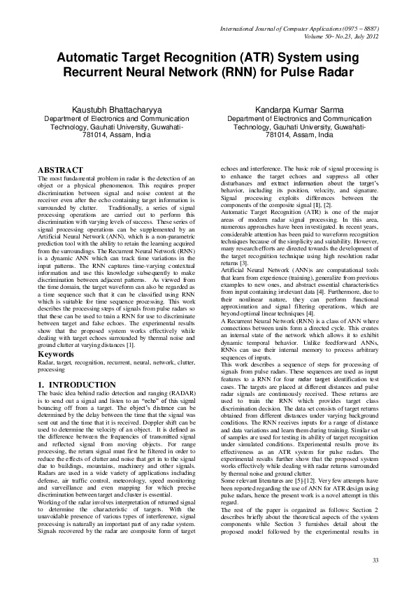 Pdf Automatic Target Recognition Atr System Using Recurrent Neural