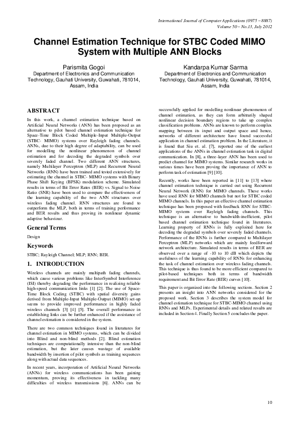 (PDF) Channel Estimation Technique for STBC Coded MIMO System with Multiple ANN Blocks