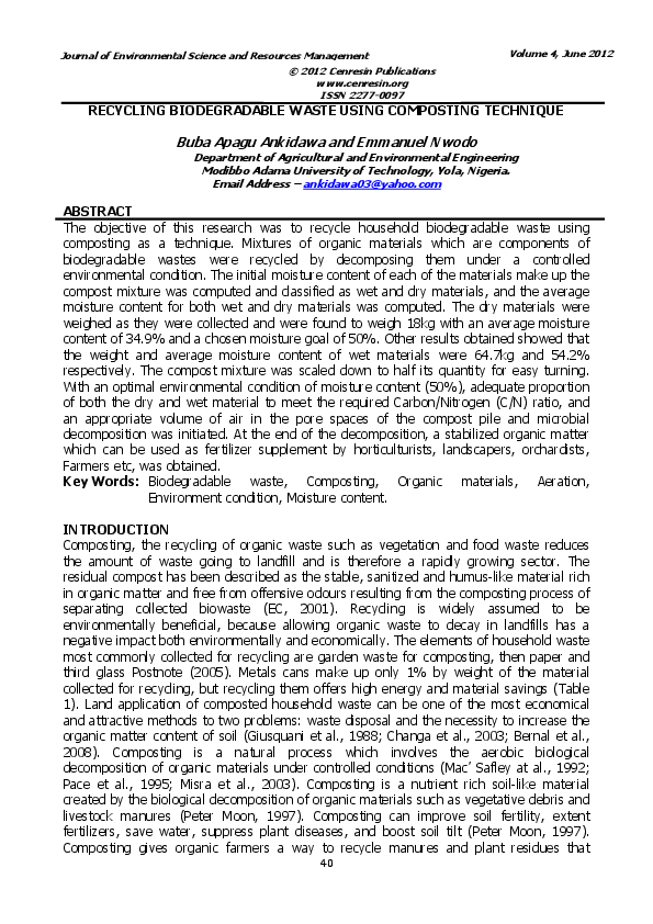 (PDF) RECYCLING BIODEGRADABLE WASTE USING COMPOSTING TECHNIQUE