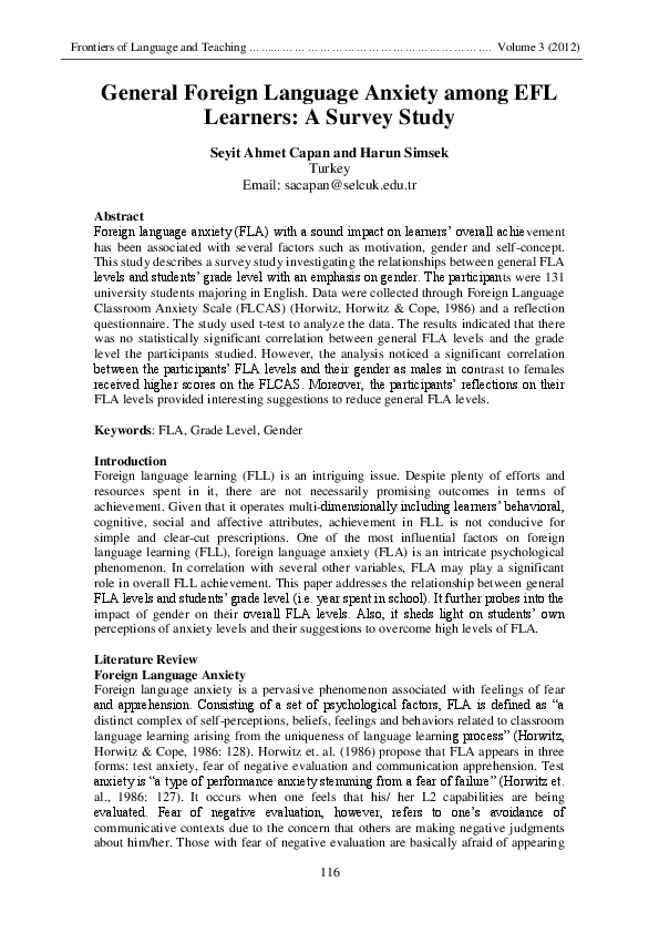 (PDF) General Foreign Language Anxiety among EFL ‎Learners: A Survey ‎Study