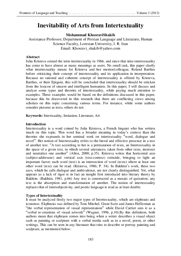 (PDF) Inevitability of Arts from Intertextuality