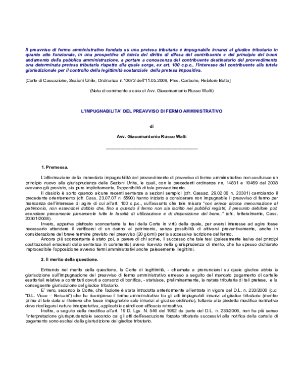 (DOC) L'impugnabilità del preavviso di fermo