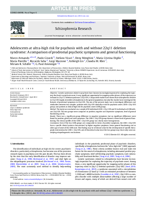 (PDF) Adolescents at ultra-high risk for psychosis with and without ...