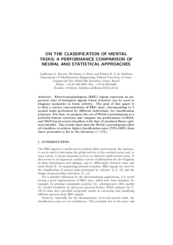 (PDF) On the classification of mental tasks: a performance comparison of neural and statistical ...