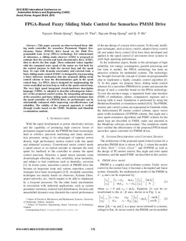 Pdf Fpga Based Fuzzy Sliding Mode Control For Sensorless Pmsm Drive