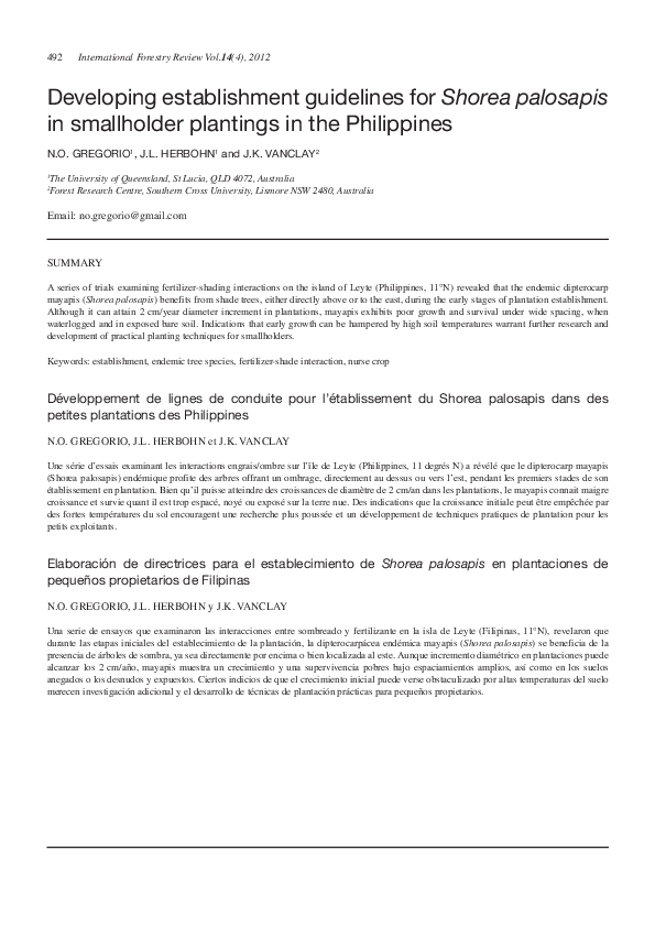 (PDF) Developing establishment guidelines for Shorea palosapis in ...