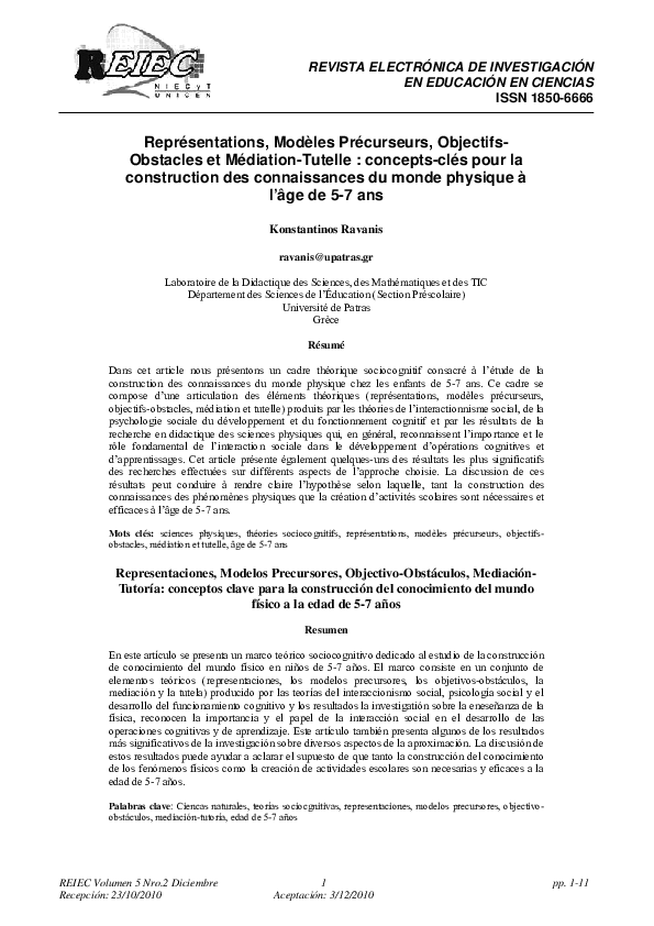 (PDF) Ravanis, K. (2010). Représentations, Modèles Précurseurs, Objectifs-Obstacles et Médiation ...