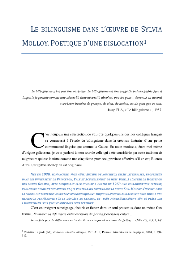 (PDF) "Le bilinguisme dans l'oeuvre de Sylvia Molloy. Poétique d'une ...