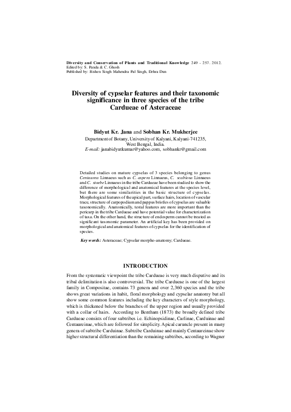 (PDF) Diversity of cypselar features and their taxonomic significance ...