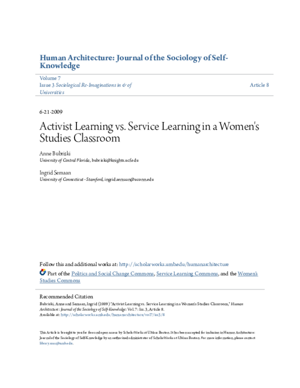(PDF) Activist Learning vs. Service Learning in a Women's Studies Classroom