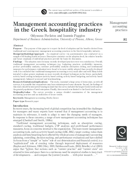 (PDF) Management accounting practices in the Greek hospitality industry