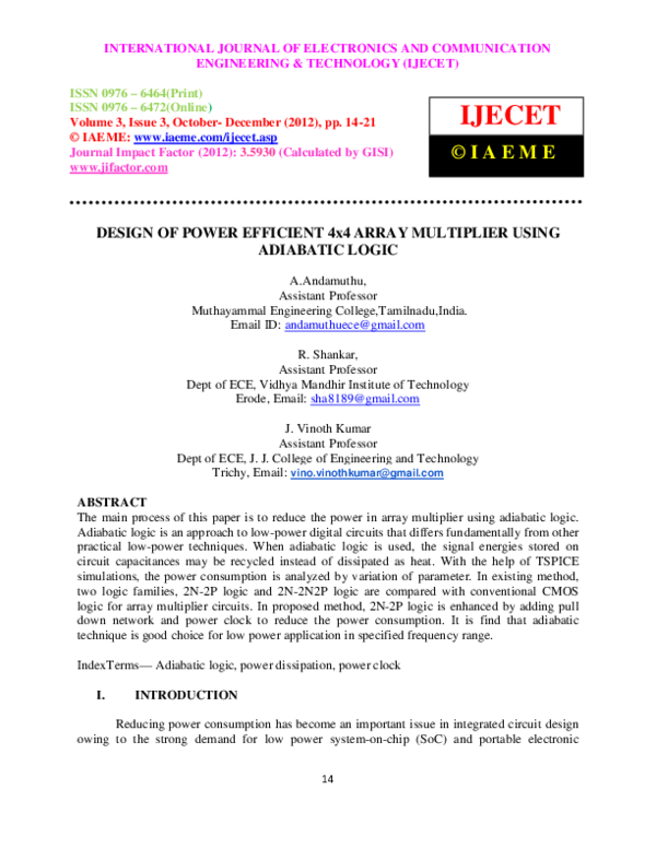 Pdf Design Of Power Efficient 4x4 Array Multiplier Using Adiabatic Logic