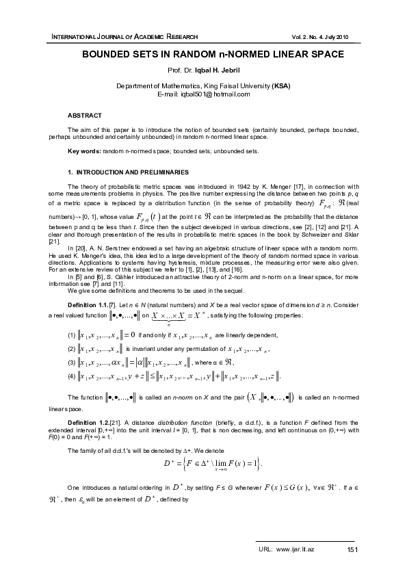 (PDF) BOUNDED SETS IN RANDOM n-NORMED LINEAR SPACE