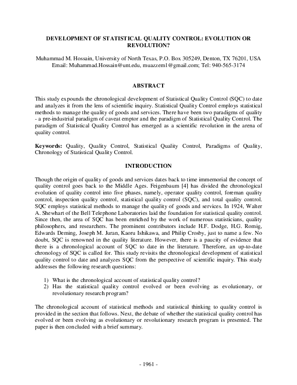 (PDF) DEVELOPMENT OF STATISTICAL QUALITY CONTROL: EVOLUTION OR REVOLUTION?