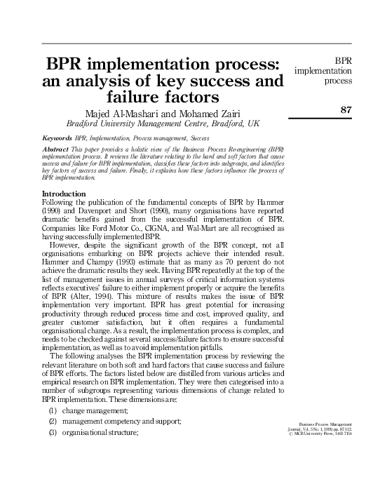 (PDF) BPR implementation process: an analysis of key success and ...