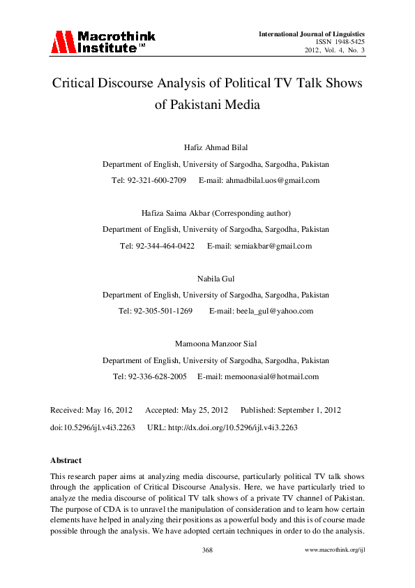 (PDF) Critical Discourse Analysis of Political TV Talk Shows of ...