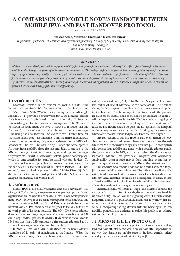 Pdf A Comparison Of Mobile Nodes Handoff Between Mobile Ipv6 And Fast Handover Protocol