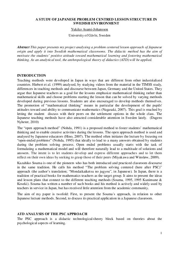 (PDF) A STUDY OF JAPANESE PROBLEM CENTRED LESSON STRUCTURE IN SWEDISH ENVIRONMENT | Yukiko Asami ...