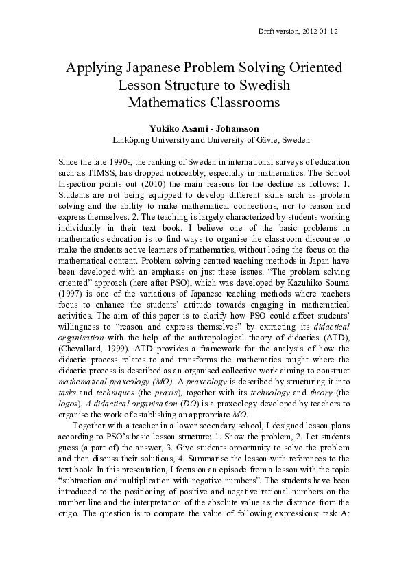 (PDF) Applying Japanese Problem Solving Oriented Lesson Structure to Swedish Mathematics Classrooms