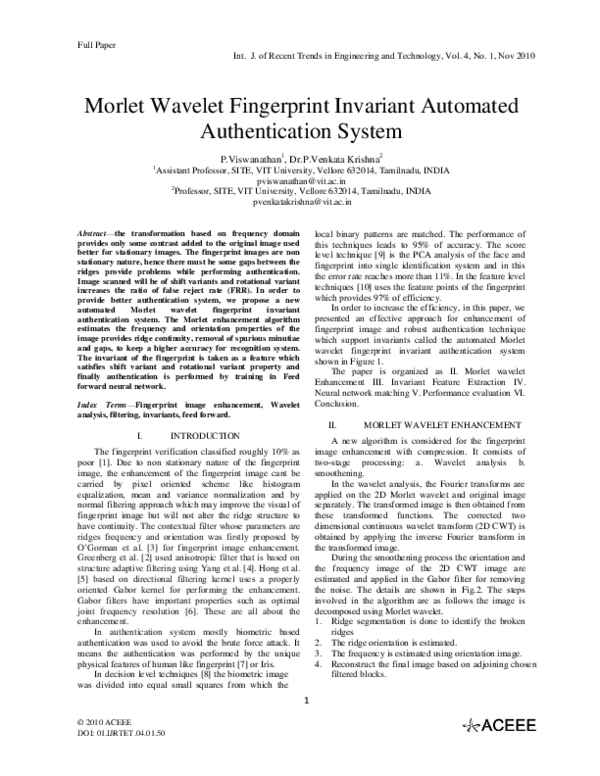 Pdf Morlet Wavelet Fingerprint Invariant Automated Authentication System