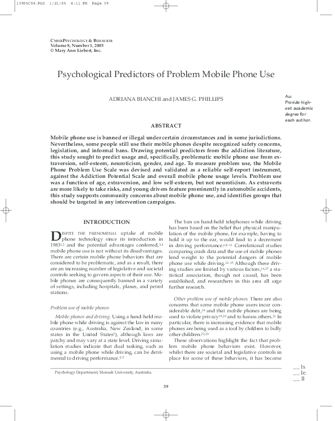 (PDF) Psychological predictors of problem mobile phone use