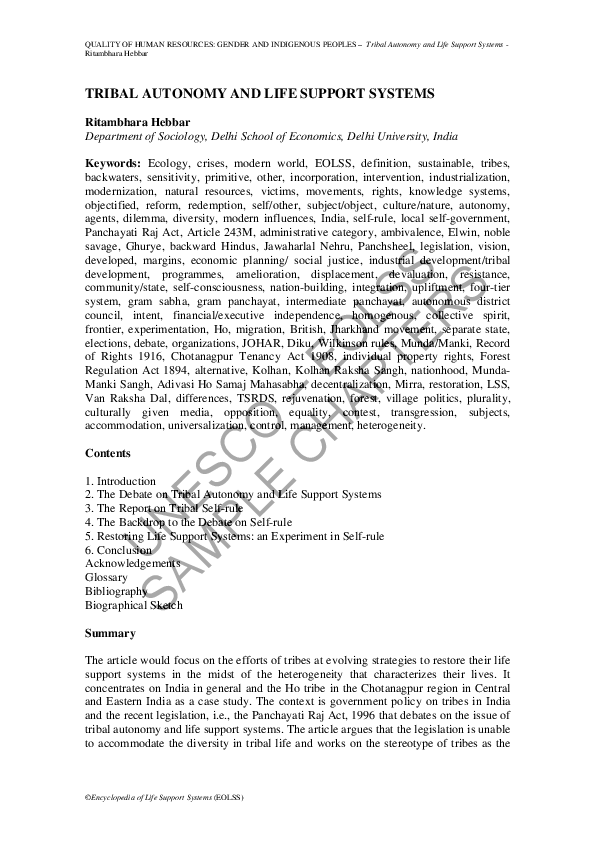(PDF) TRIBAL AUTONOMY AND LIFE SUPPORT SYSTEMS