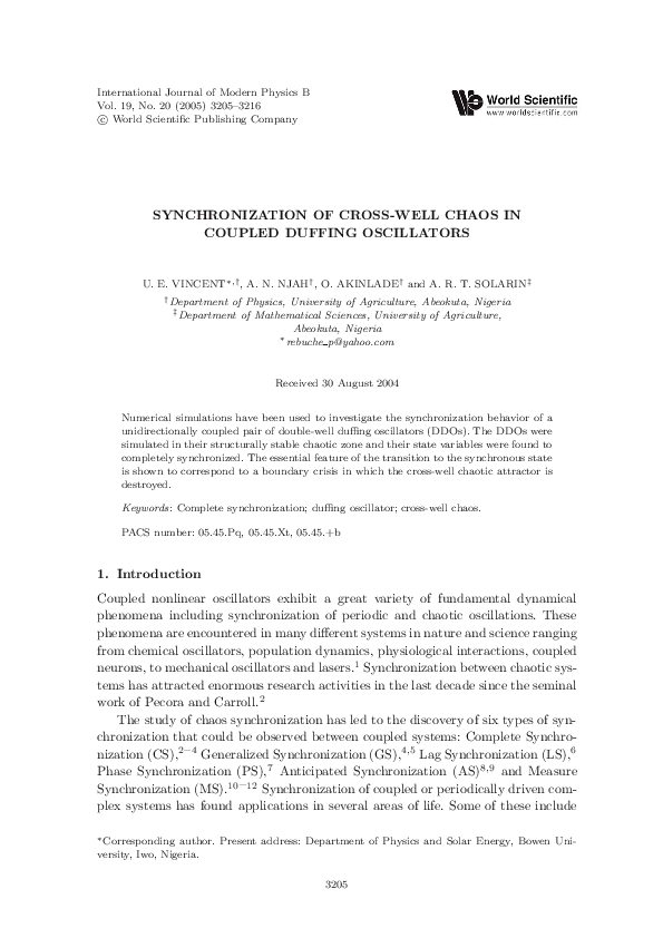 (PDF) Synchronization of cross-well chaos in coupled Duffing oscillators