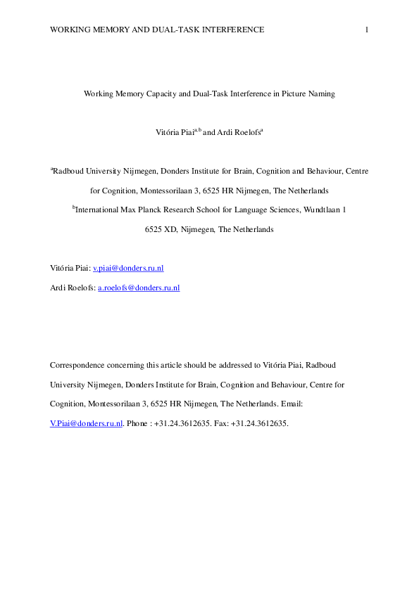 (PDF) Working Memory Capacity and Dual-Task Interference in Picture Naming