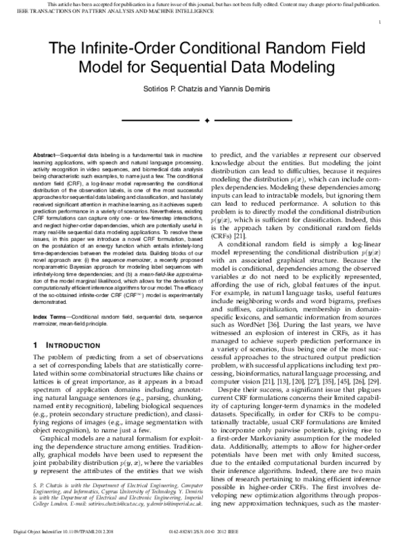 Pdf The Infinite Order Conditional Random Field Model For Sequential Data Modeling