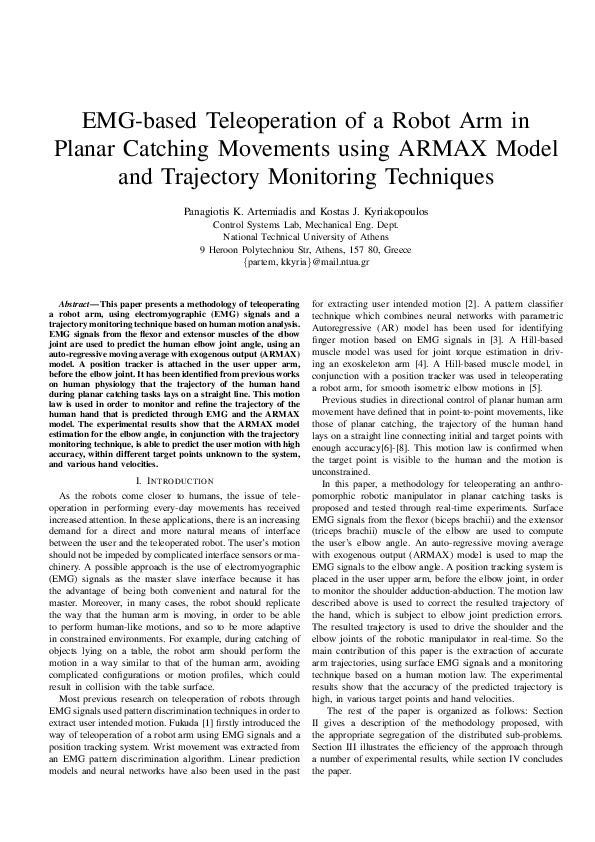 (PDF) EMG-based teleoperation of a robot arm in planar catching movements using ARMAX model and ...