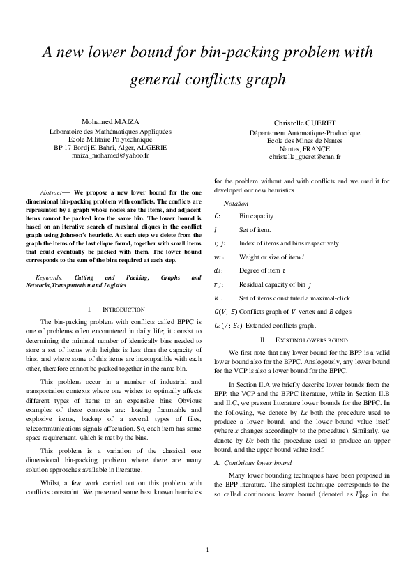 Pdf A New Lower Bound For Bin Packing Problem With General Conflicts
