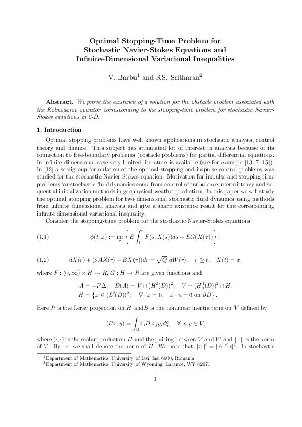 Pdf Optimal Stopping Time Problem For Stochastic Navier Stokes