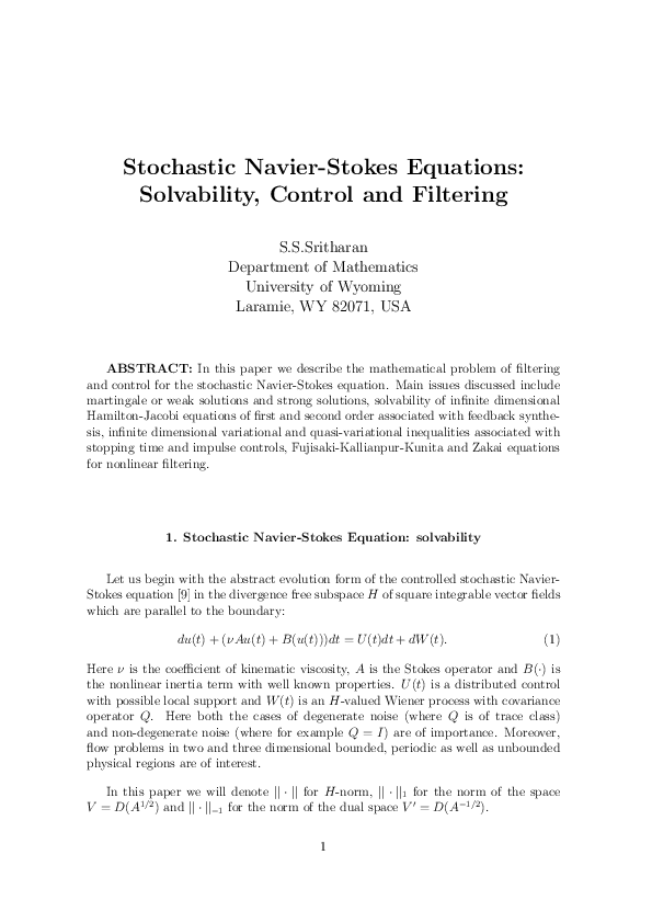 Pdf Stochastic Navier Stokes Equations Solvability Control And Filtering
